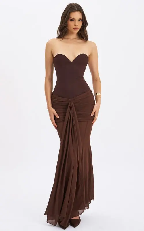 MISS CIRCLE NEW YORK Sweetheart Draped Mesh Mermaid Maxi Dress - Espresso