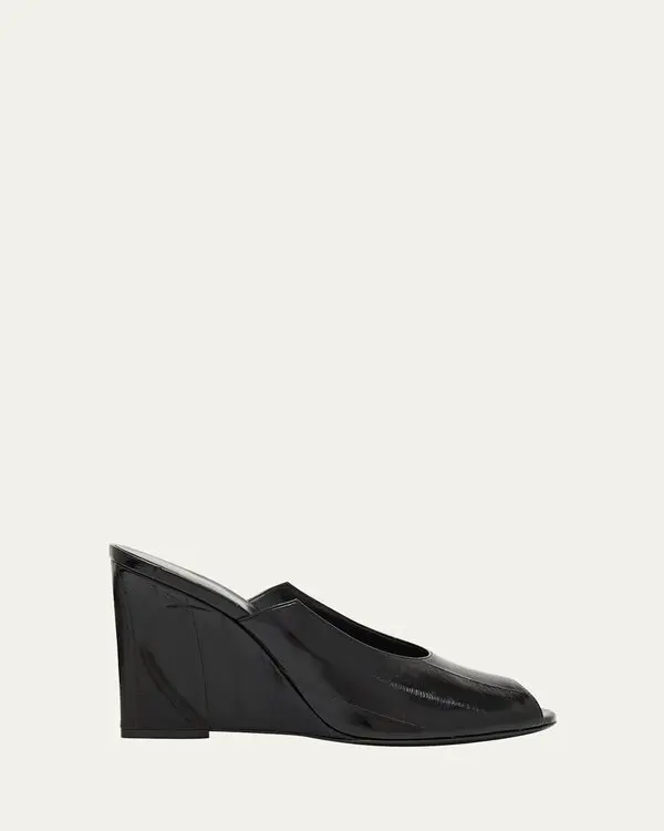 Fendi Eel Leather Peep-toe Wedge Mules - Nero