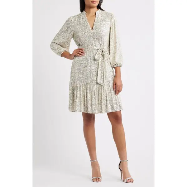 Eliza J Sequin Striped Belted Dress - Silver