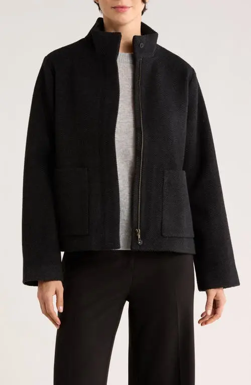 Eileen Fisher High Collar Short Wool Coat - Charcoal