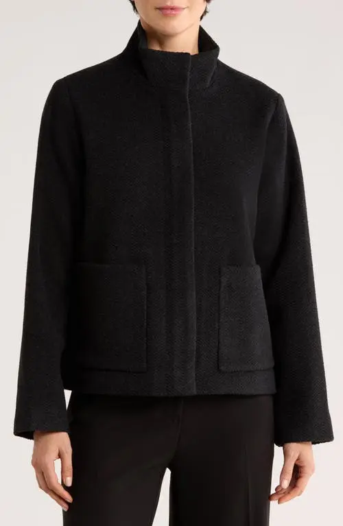 Eileen Fisher High Collar Short Wool Coat - Charcoal