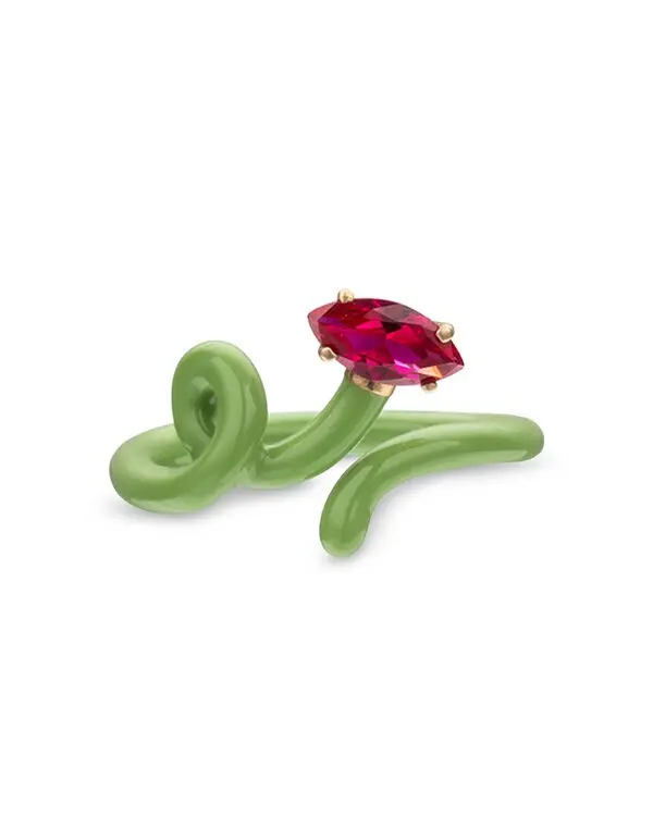 Bea Bongiasca 9k Rose Gold & Sterling Silver Baby Vine Corundum And Red Enamel Tendril Ring - Green
