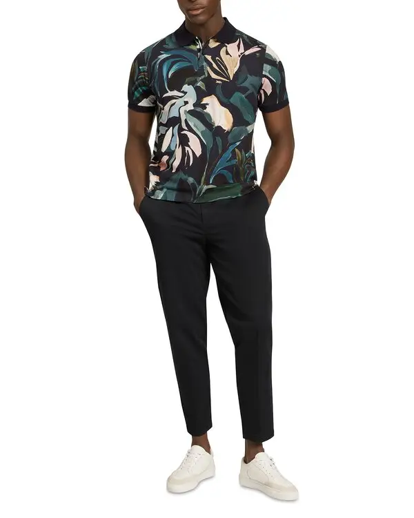 Ted Baker London Kivem Floral Print Pure Cotton Polo Shirt - Black