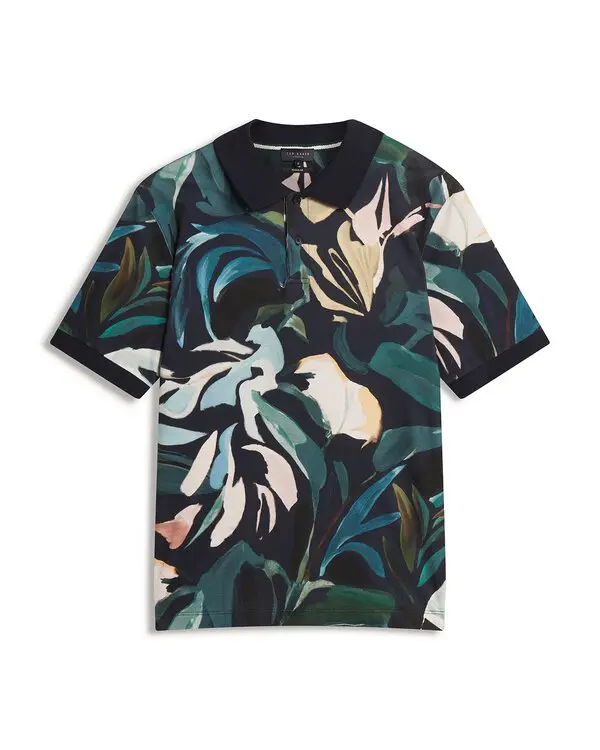 Ted Baker London Kivem Floral Print Pure Cotton Polo Shirt - Black