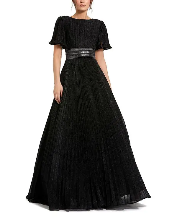 Mac Duggal Pleated Shimmering Georgette Flutter Sleeve Gown - Black