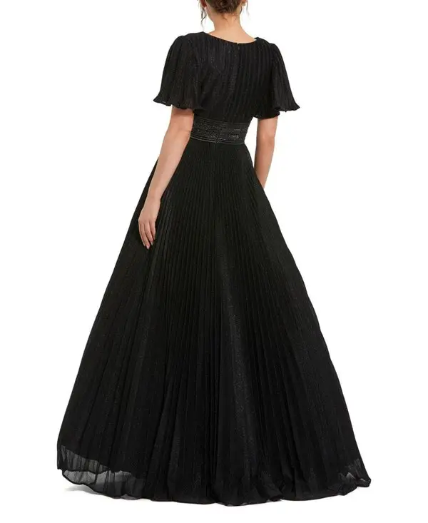 Mac Duggal Pleated Shimmering Georgette Flutter Sleeve Gown - Black