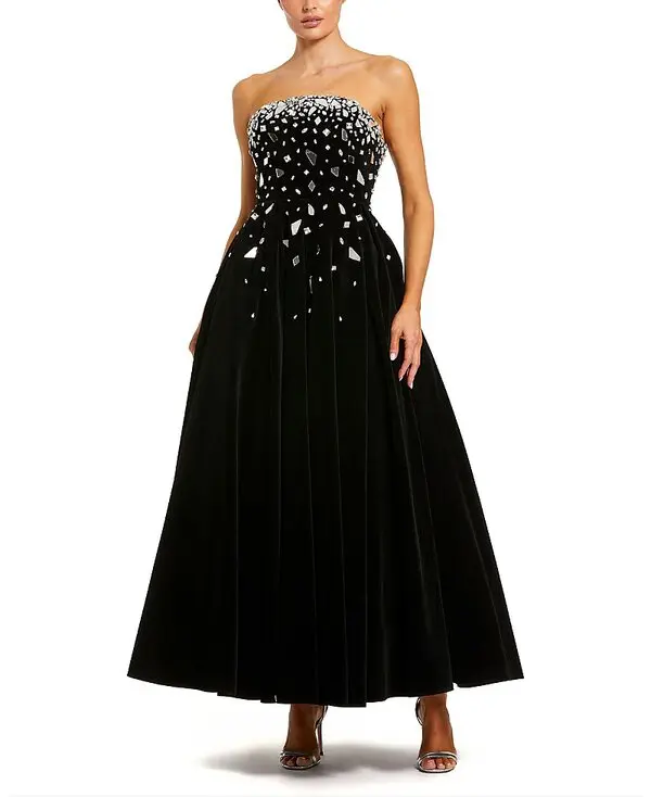 Mac Duggal Embellished Velvet Strapless A-line Ankle Dress - Black
