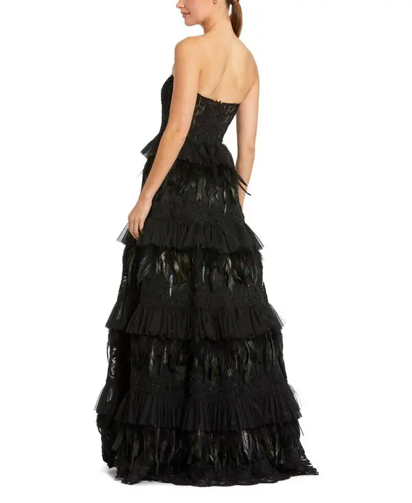 Mac Duggal Strapless Tiered Lace & Feather Gown