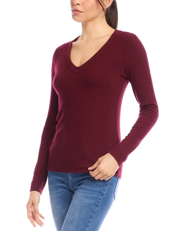 Karen Kane Ribbed V-neck Top - Wine