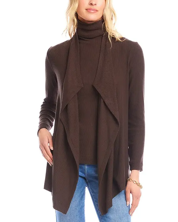 Karen Kane Ribbed Drape Front Cardigan - Brown