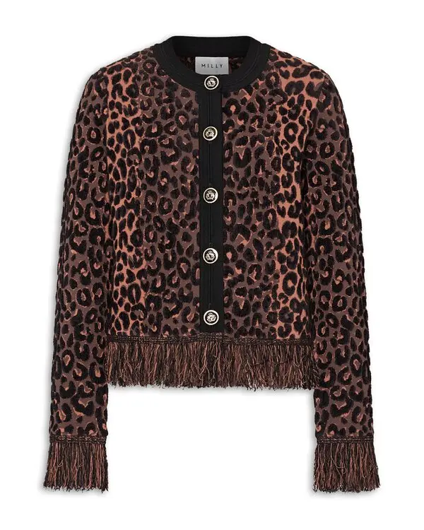 MILLY Leopard Print Fringe Cardigan