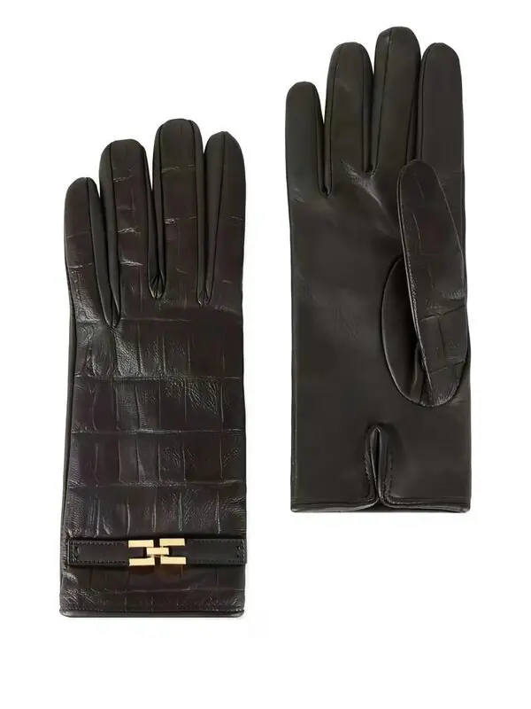 Elisabetta Franchi Crocodile-debossed Leather Gloves - Brown