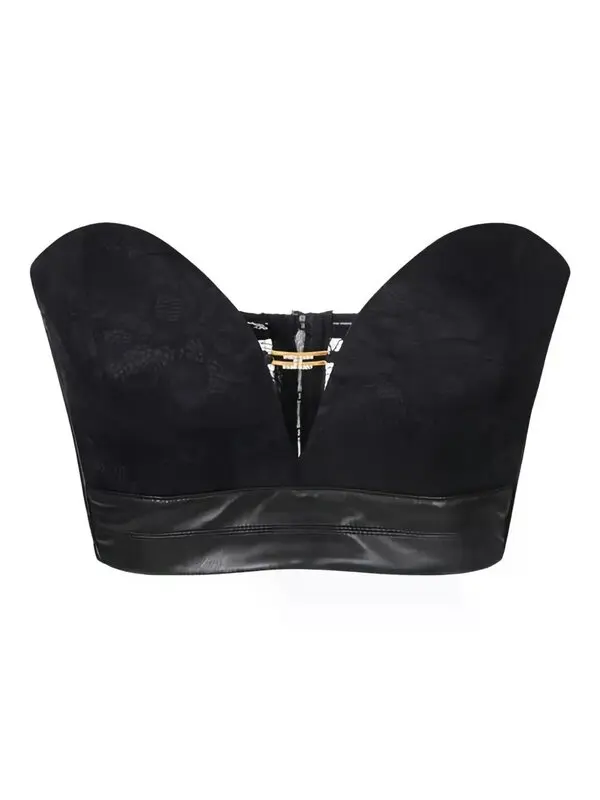 Elisabetta Franchi Floral Lace Jewel Logo Bustier Top - Black
