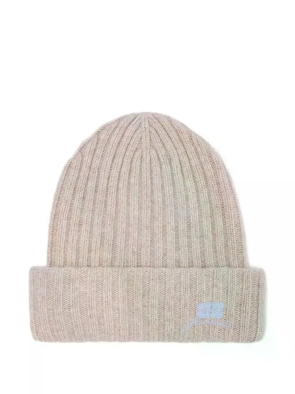 GANNI Ribbed Logo-detail Beanie - Neutrals