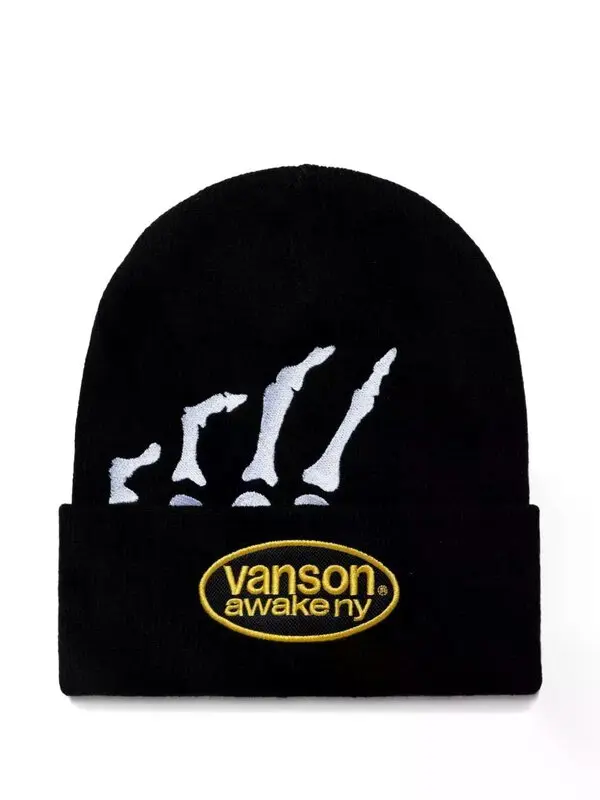 AWAKE NY Vanson Skeleton Embroidered Ribbed Beanie - Black