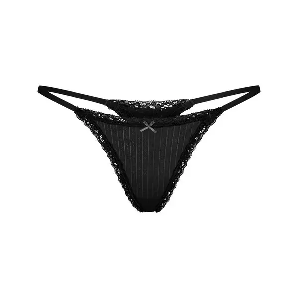 SKIMS Lightweight Cotton Pointelle Lace String Thong - Soot Tonal