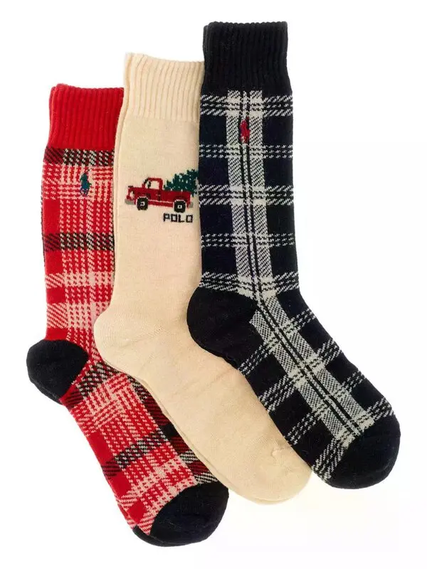 Polo Ralph Lauren Plaid Wool-blend Knee-high Socks Three-pair Set - Black