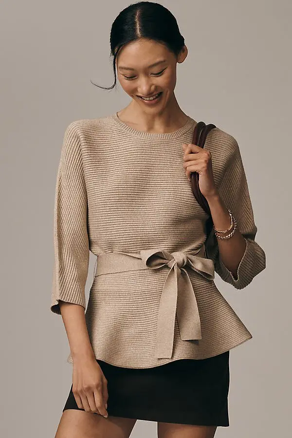 Maeve Ribbed Belted Sweater - Mink