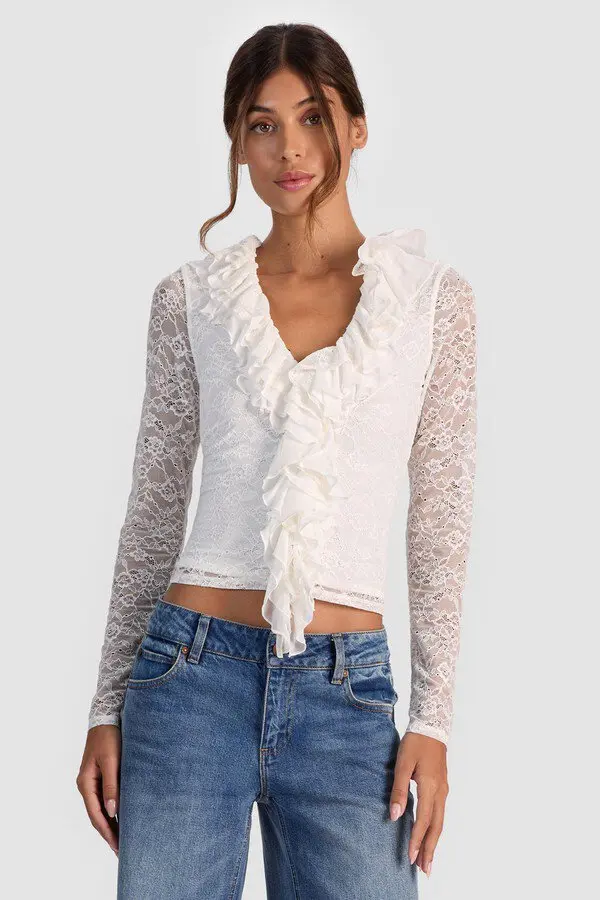 Alice + Olivia Yara Ruffle Lace Top
