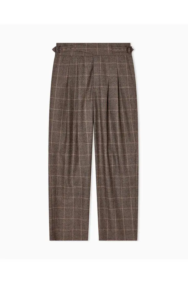 Emporio Armani Check-motif Flannel Trousers With Pleats - Natural