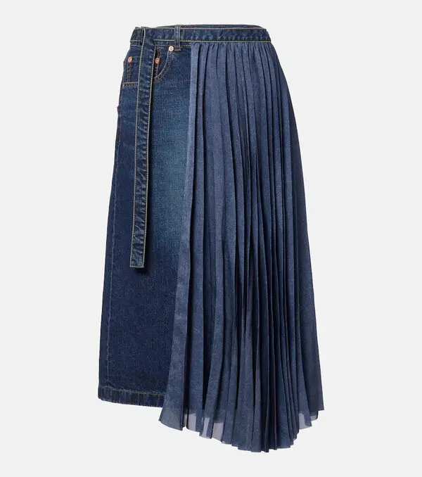 Sacai Pleated Denim Midi Skirt - Blue