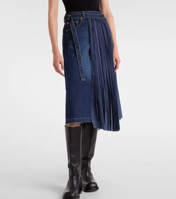 Sacai Pleated Denim Midi Skirt