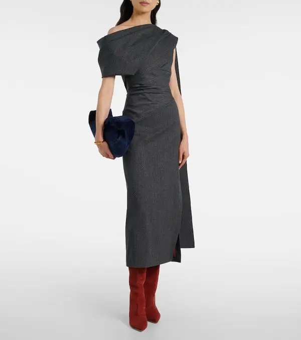 ROKSANDA Maite Herringbone Draped Midi Dress - Grey