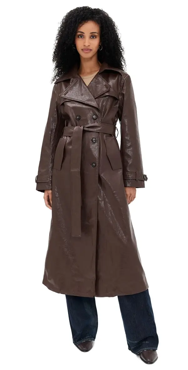 MADISON THE LABEL Hutson Faux Leather Trench Coat - Choc