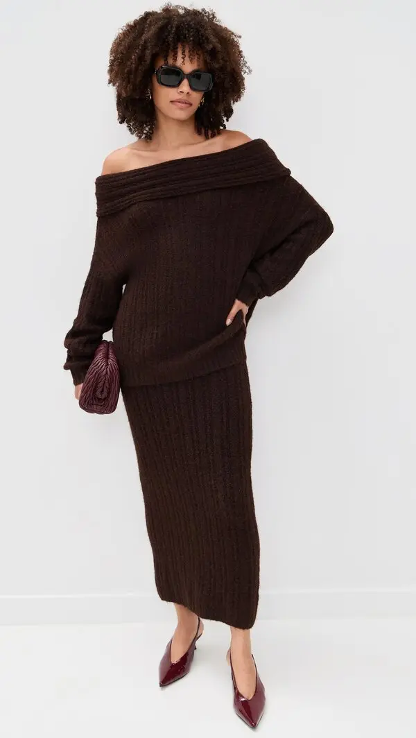 Line & Dot Ophelie Ribbed Knit Skirt - Chocolate