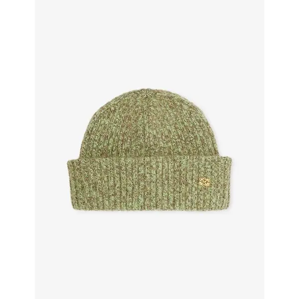 GANNI Monogram Plaque Ribbed Stretch-wool Blend Beanie - Nile