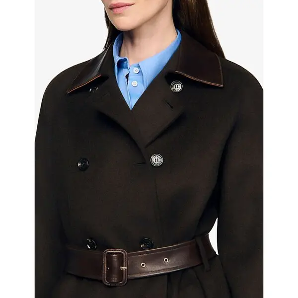 Sandro Leather-collar Double-breasted Wool Coat - Brown
