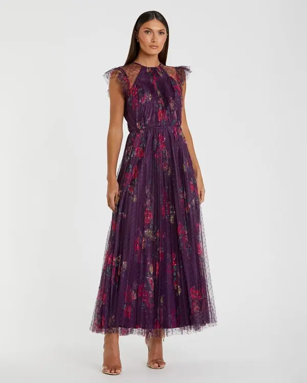 Mac Duggal Floral Print Midi Dress - Plum Multi