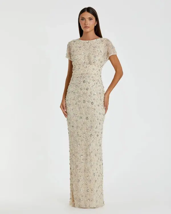 Mac Duggal Ivory Floral Embellished Mesh Fitted Column Gown