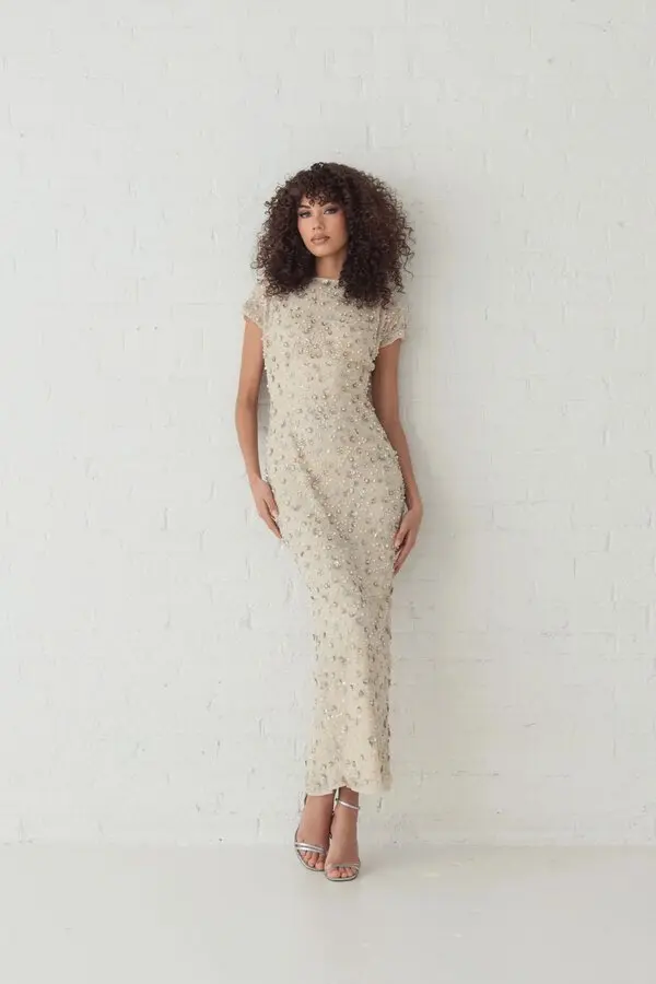 Mac Duggal Ivory Floral Embellished Mesh Fitted Column Gown