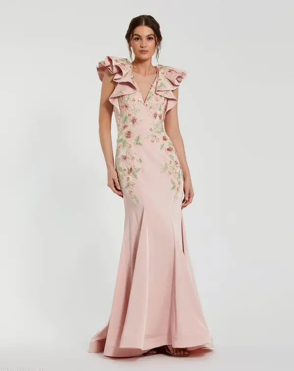 Mac Duggal Embellished Flutter Sleeve Mermaid Gown - Blush