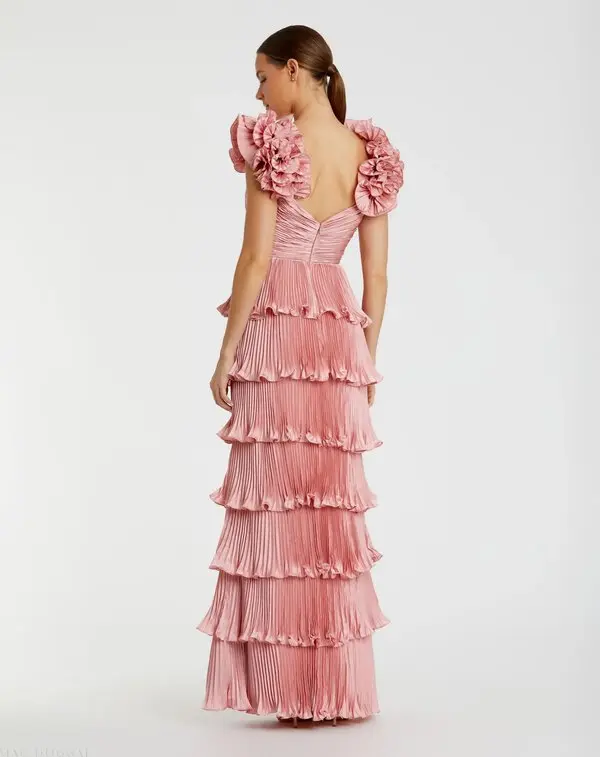 Mac Duggal Pleated Charmeuse Tiered Gown With Ruffle Straps - Pink