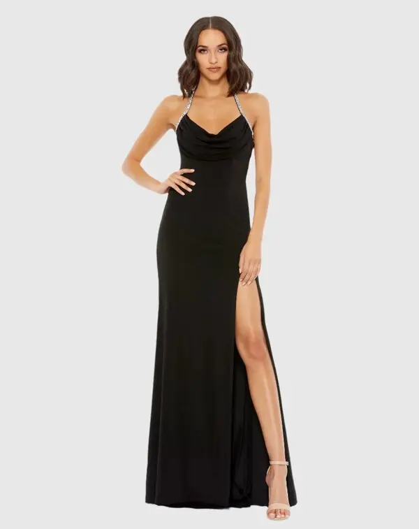 Mac Duggal Cowl Neck Halter Gown