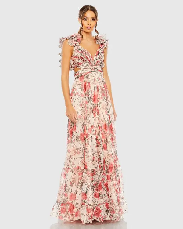 Mac Duggal Floral Cut-out Chiffon Gown - Rose Multi
