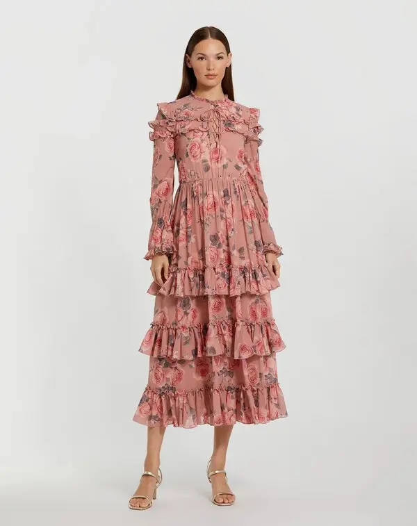 tiered floral lace printed chiffon dress Retro Floral-Print Tiered Lace-Paneled Chiffon Maxi Dress  Likemychoice
