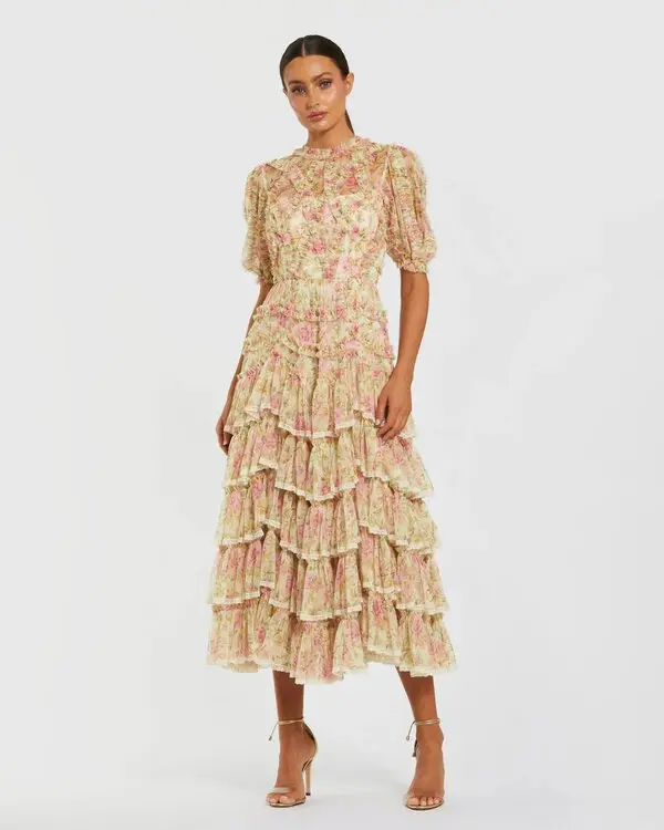 Mac Duggal Floral-printed Mesh High Neck Midi Dress With Lace Trim - Ivory Multi
