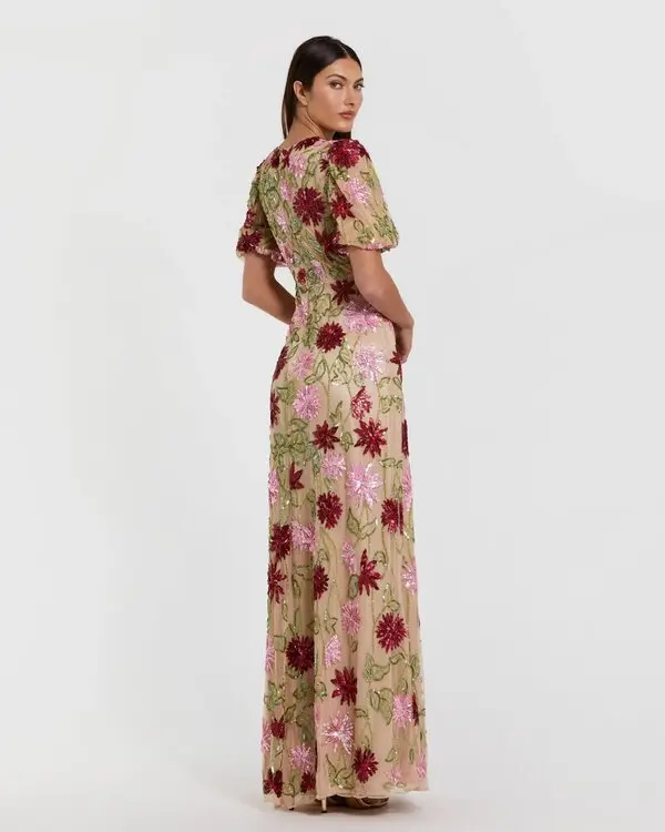 Mac Duggal Floral Beaded Mesh Gown