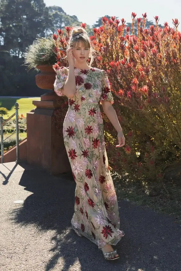 Mac Duggal Floral Beaded Mesh Gown
