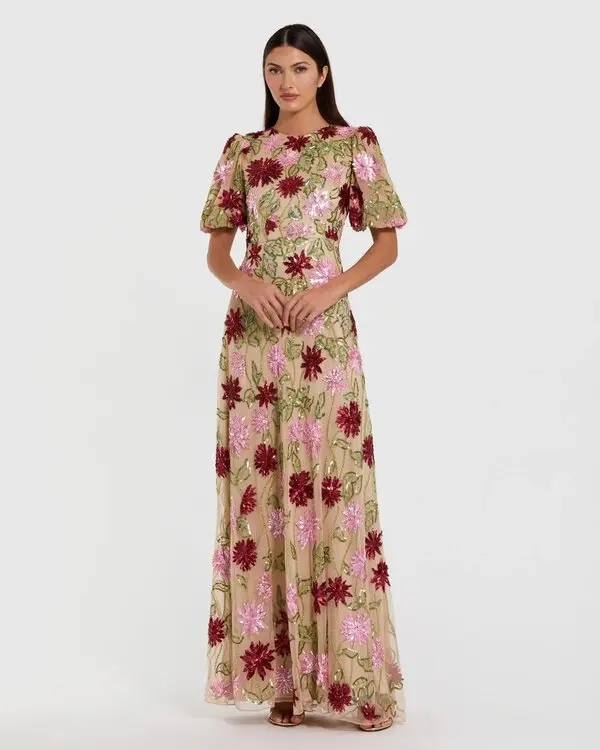 Mac Duggal Floral Beaded Mesh Gown