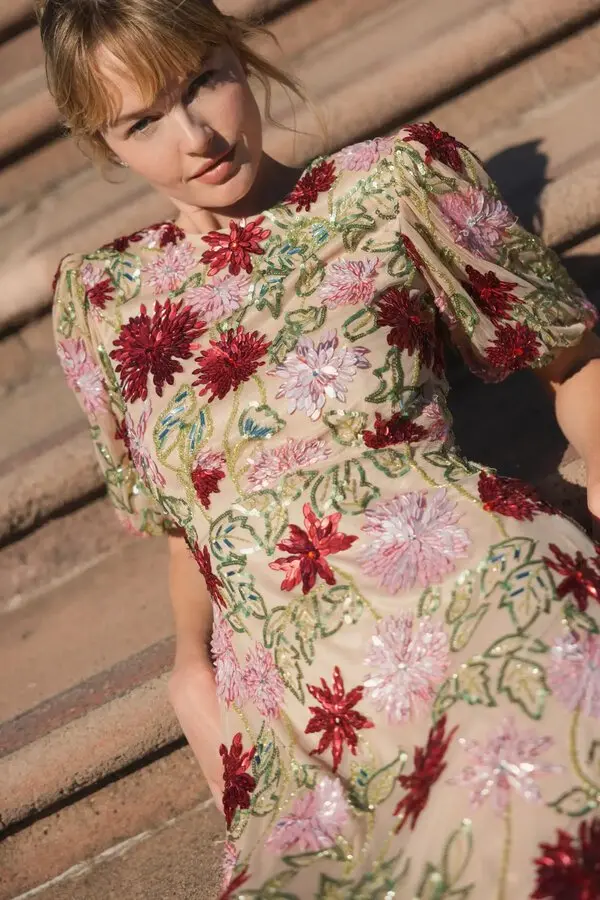 Mac Duggal Floral Beaded Mesh Gown
