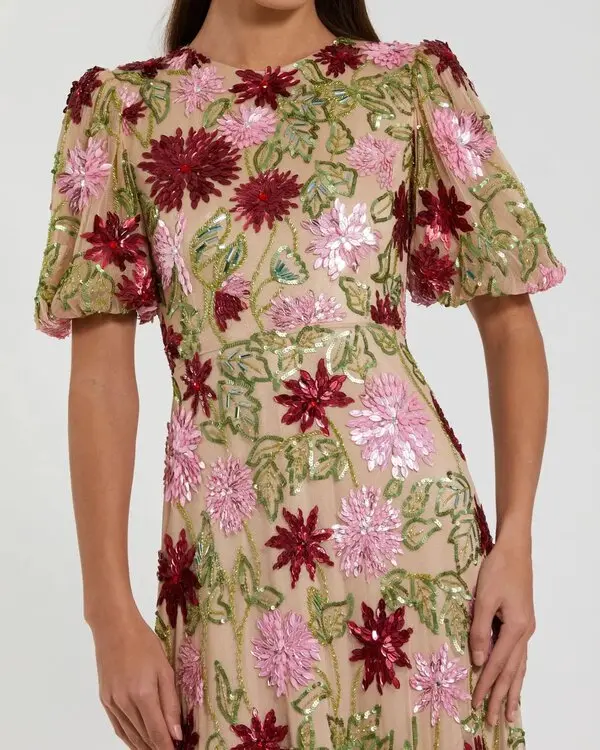 Mac Duggal Floral Beaded Mesh Gown