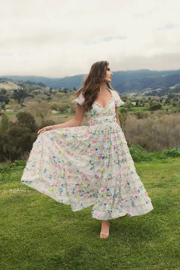 Mac Duggal Floral Ruffle Cotton Midi Dress