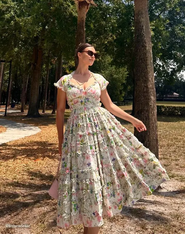 Mac Duggal Floral Ruffle Cotton Midi Dress