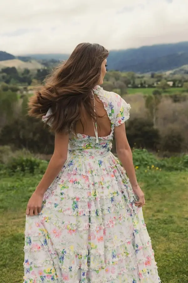 Mac Duggal Floral Ruffle Cotton Midi Dress