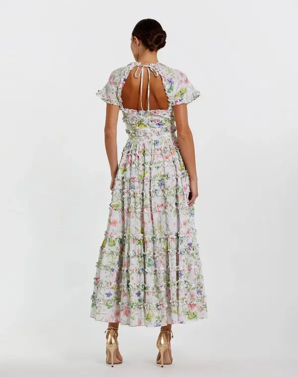 Mac Duggal Floral Ruffle Cotton Midi Dress