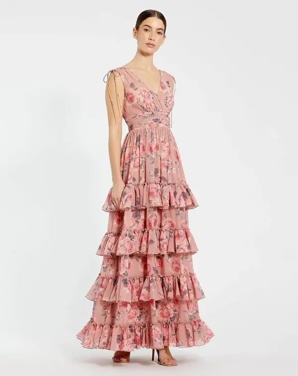 Mac Duggal Floral Chiffon Drawstring Shoulder Tiered Gown
